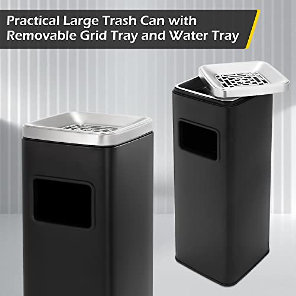 Dyna-Living Stainless Steel Trash Can Outdoor Commercial Garbage Can Large Trash Bin for Home Use Industrial Waste Container, Square Black