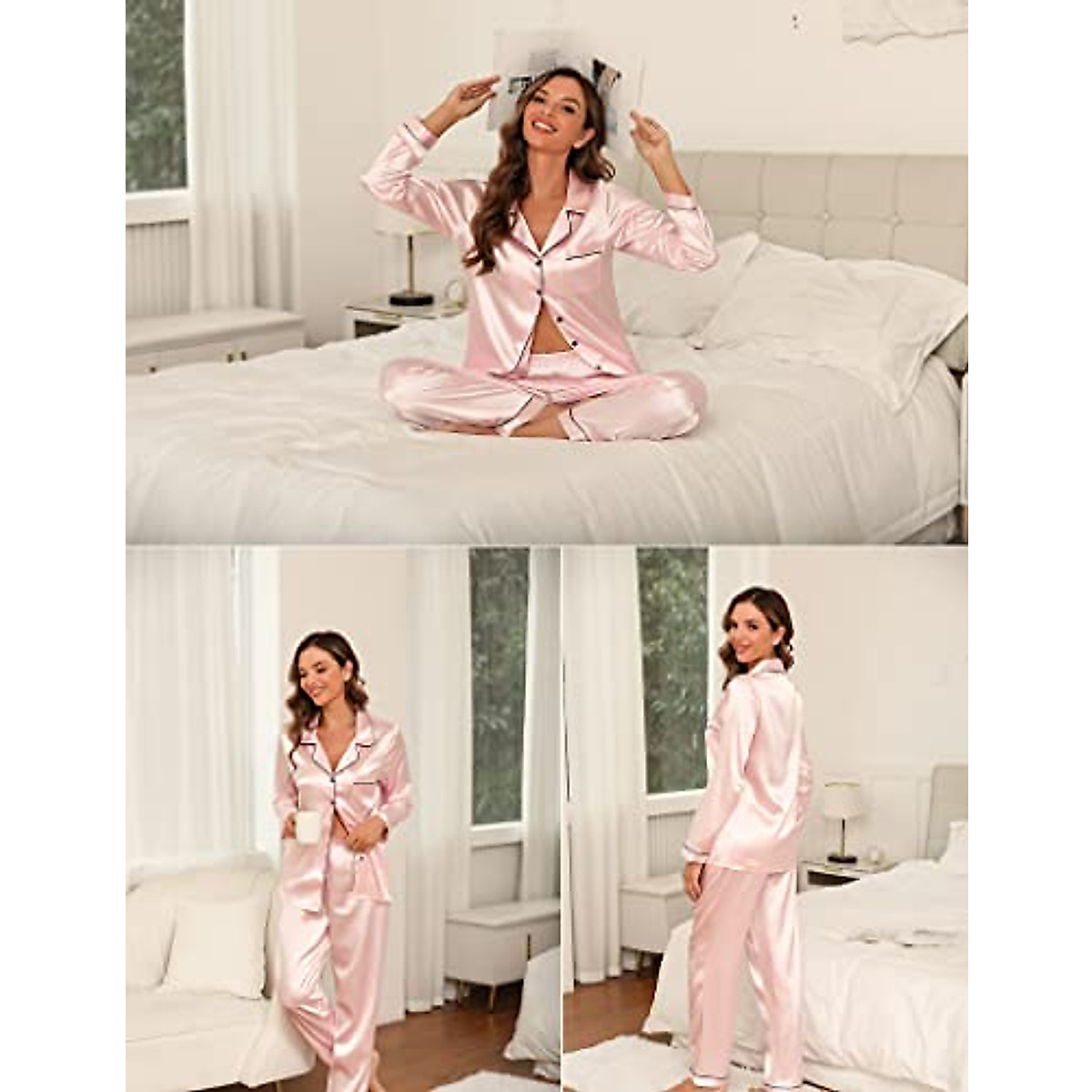 Pjmlifecoco Lounge Set Women's Silk Soft Sleepwear Satin Long Sleeve Two Piece Pajamas Pj Set Pink