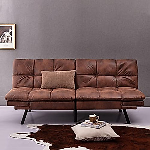 GLANZEND Retro Convertible Futon Sofa, Memory Foam PU Couch Folding Sleeper Bed with Adjustable Armrests, Faux Leather Thicker Cushion for Living Room Apartment Office, Brown