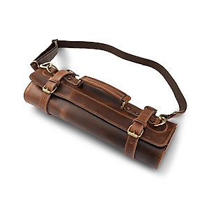 Angus Stoke Premium Leather Knife roll Storage Bag XXL - 14 Pockets, Buffalo Leather with Shoulder Strap, Chef's Knife Bag case Rene (Walnut-Brown)