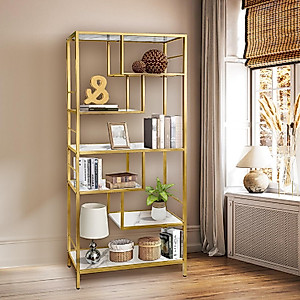 AT-VALY 6 Tier Bookcase Bookshelf, 72.4”Tall Modern Freestanding Bookshelf with 6 Shelves, Faux Marble Open Display Storage Book Shelves for Living Room Bedroom Home Office (Gold)