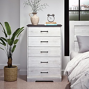 Prepac Rustic Ridge Farmhouse Dresser, Washed White Dresser for Bedroom, Chest of Drawers with 5 Drawers 18.5" D x 27.5" W x 43.5" H, ABDR-1605-1