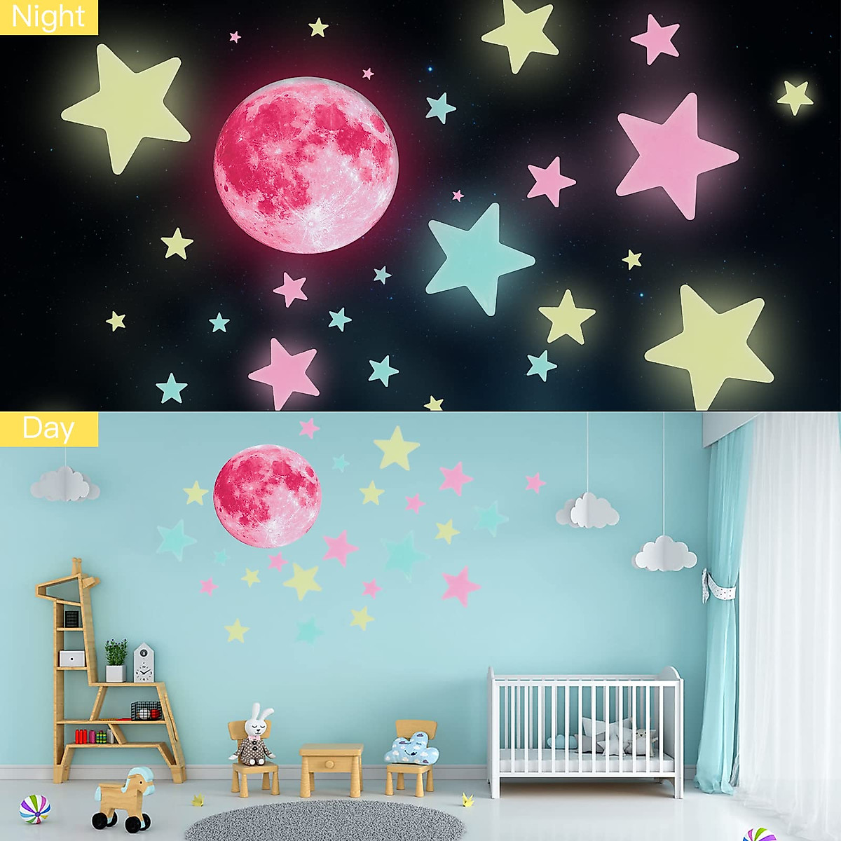 100 Pcs Glow in The Dark Stars with 3D Moon Stickers for Ceiling, Wall Decor Sticker for Nursery, Bedroom, Emo Room Decor Decal (Red Moon)