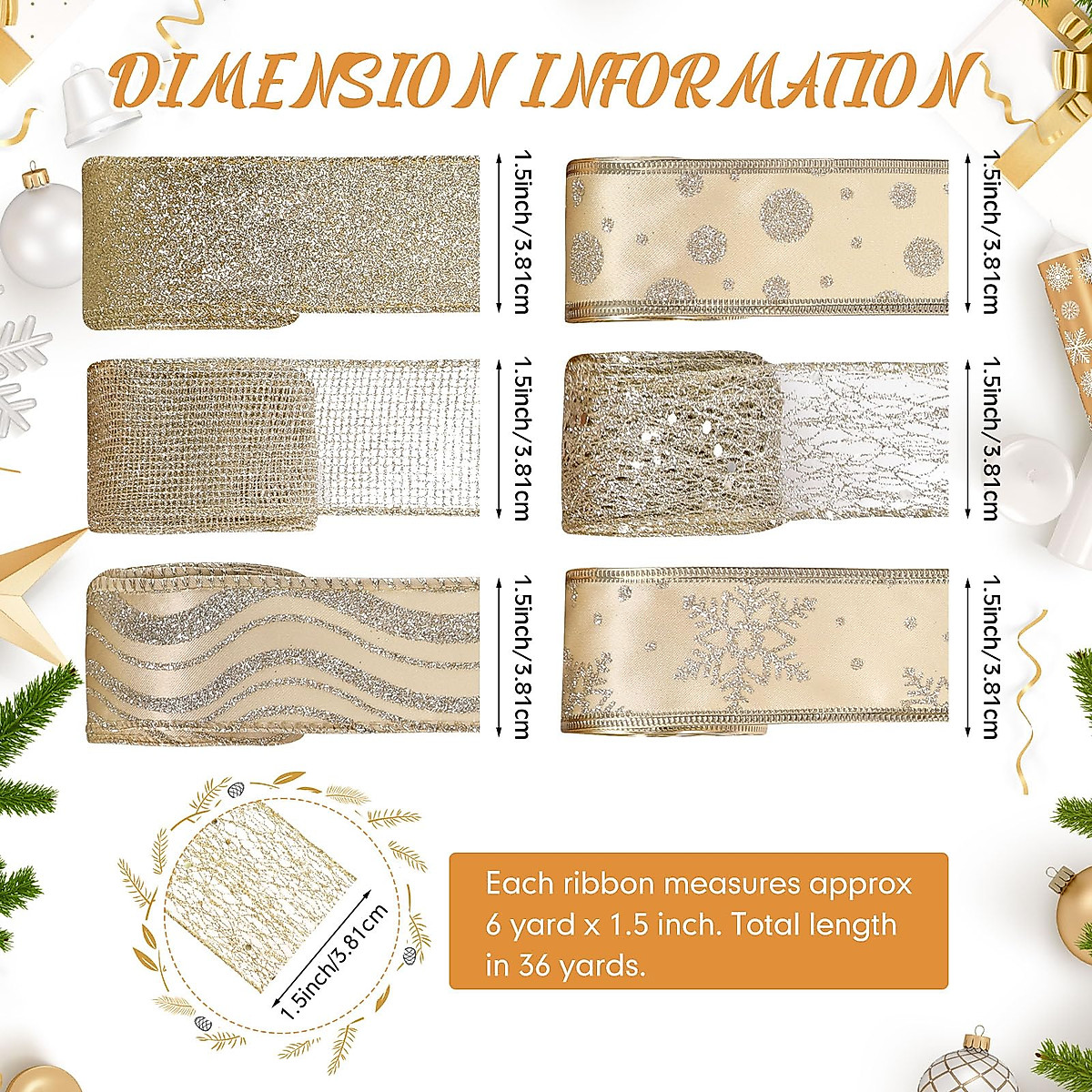 Jutom 6 Rolls Champagne Christmas Ribbon Wired 1.5 Inch Gold Christmas Tree Ribbon Glitter Mesh Ribbon Satin Snowflake Ribbon for Crafts, Gift Wrapping, Tree, Wreaths, Garland Total 36 Yard