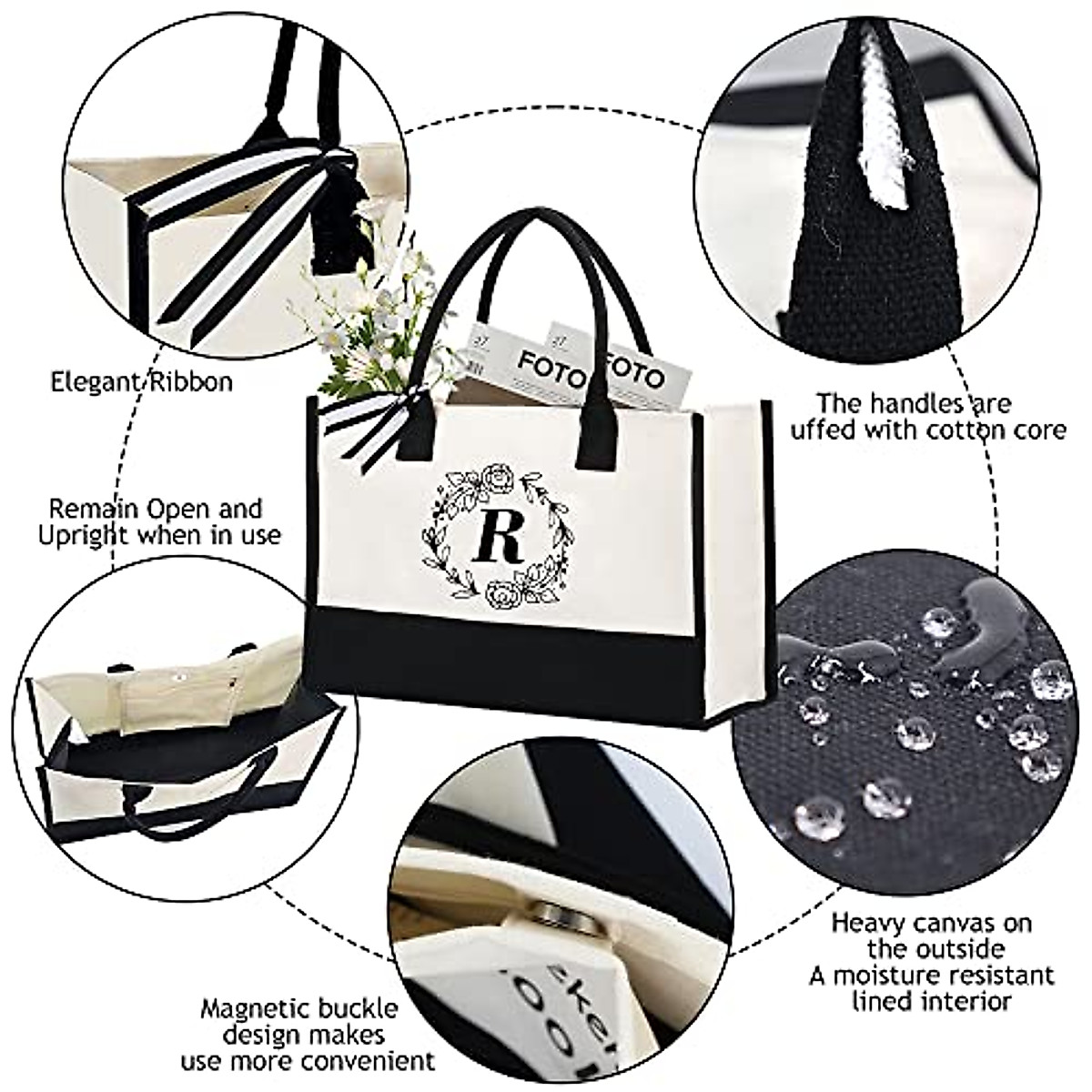 SUNELGIRL Personalized Initial Canvas Bag, Monogrammed Gift Tote Bag for Women, Mom, Teachers, Friends, Bridesmaids (R)