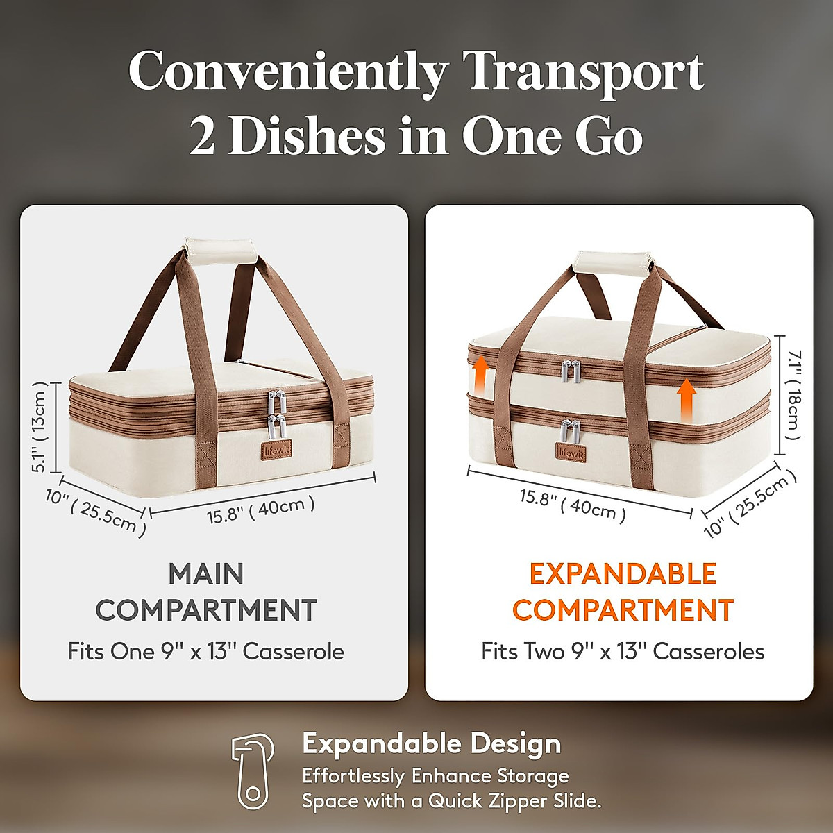Lifewit Expandable Insulated Casserole Carrier for Hot or Cold Food, Double Decker Food Bag Lasagna Holder Carry Tote for Potluck Parties/Picnic/Cookouts, Fits 9"x13" Baking Dish, Cream