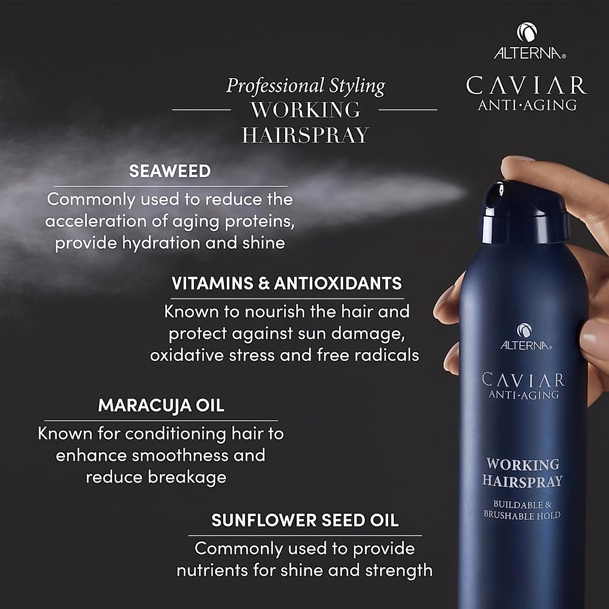 Alterna Caviar Anti-Aging Professional Styling Working Hair Spray | Ultra-dry, Brushable | Helps Control Frizz & Adds Shine | Sulfate Free | Nutmeg