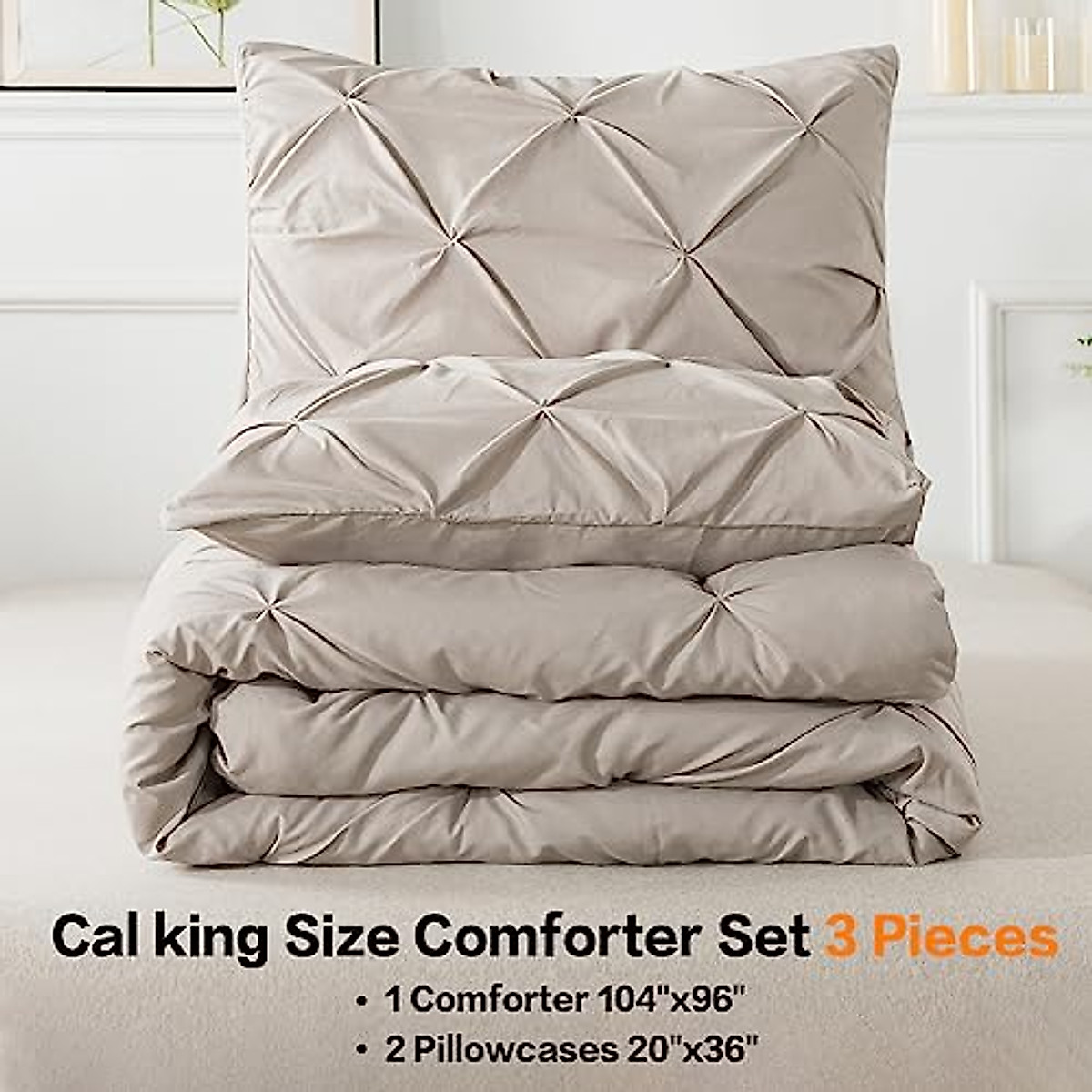 Andency California King Comforter Set Khaki (104x96Inch), Pinch Pleat Cal King Comforter Set 3 Pieces, Oversized King Pintuck Bed Comforter, Microfiber Down Alternative Comforter Bedding Set