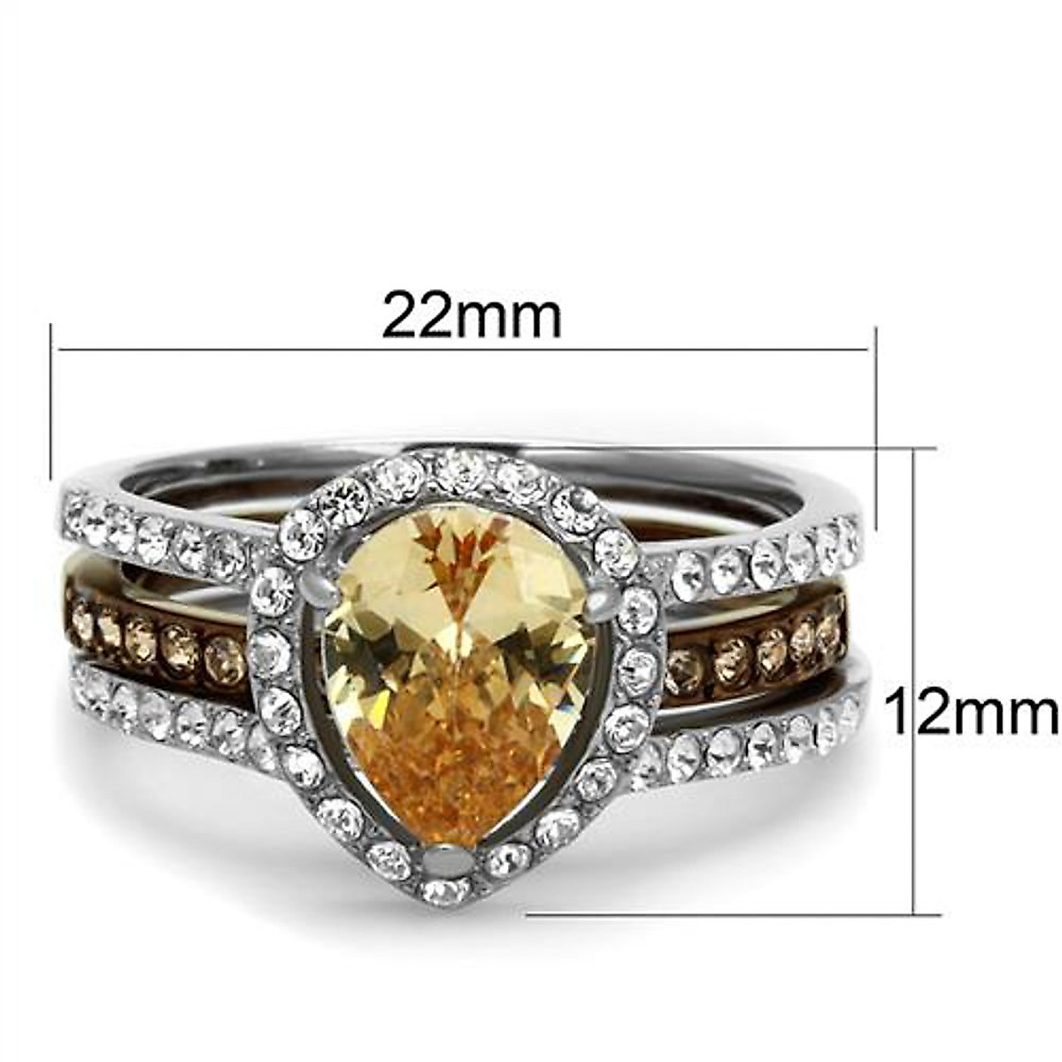 Marimor Jewelry 2.08 Carat Pear Cut Champagne Zirconia Two Toned Stainless Steel Wedding Ring Set Size 6