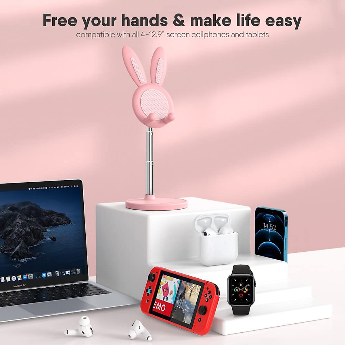 OATSBASF Cell Phone Stand, Adjustable Cute Bunny Phone Stand for Desk, Kawaii Phone Holder Stand, Compatible with All Mobile Phones, iPhone, Kindle, Switch (Pink)