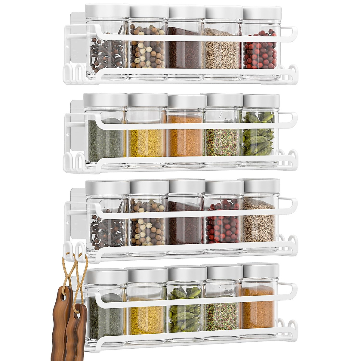 LUCYCAZ 4 Pack Wall Mounted Spice Rack with 16 Hooks, Spice Rack Organizer for Cabinet Pantry Door,Screw or Adhesive Spice Shelf Hanging Wall Spice Rack for Spice Jars and Seasonings (White)