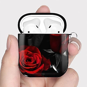 Red Rose and Black Leaf Flowers for AirPods Case Cover for Airpods 1&2, Wireless/Wired Charging Protective AirPods Case with Keychain