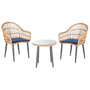 SAFAVIEH Outdoor Collection Berlen Natural Rattan/Navy Cushion 3-Piece Patio Lounge Bistro Set with Table (PAT9012B)