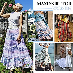 Zando Long Skirts for Women High Waisted Maxi Skirt Casual Trendy Dresses Fold-Over Workout Stretchy Flared Flower Skirt for Girls Geometric Stripe Medium