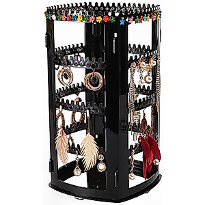 Sooyee 360 Rotating Earring Holder and Jewelry Organizer, 4 Tiers Jewelry Rack Display Classic Stand, 156 Holes and 160 Grooves for Necklaces Earrings Piercings, Black