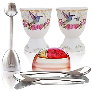 NobleEgg Complete Egg Cracker Topper Set | Unique Egg Cups for Soft Boiled Eggs, Egg Timer Pro, True 18/10 Egg Spoons, Egg Topper, Stylish Gift/Storage Box