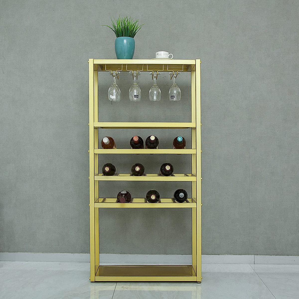 18 Bottles Metal Wine Rack 6-Tier Free Standing Wine Holder with Glass Holder, Heavy Duty Wine Bottle Organizer with Storage Shelf, Display Stand Rack with Wheels, Gold, 23.6''L x 9.8''W x 47.2''H