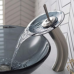 KRAUS Tall Waterfall Bathroom Faucet for Vessel Sink with Clear Black Glass Disk, Satin Nickel KGW-1700SN-BLCL