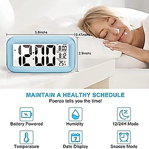 KAIJIELY Upgraded Digital Alarm Clock, 4.3" LED Display with Temperature Larger Lound Light Control Portable Snooze Calendar Brightness with Battery Powered Alarm Clocks Bedside for Everyone (Blue)
