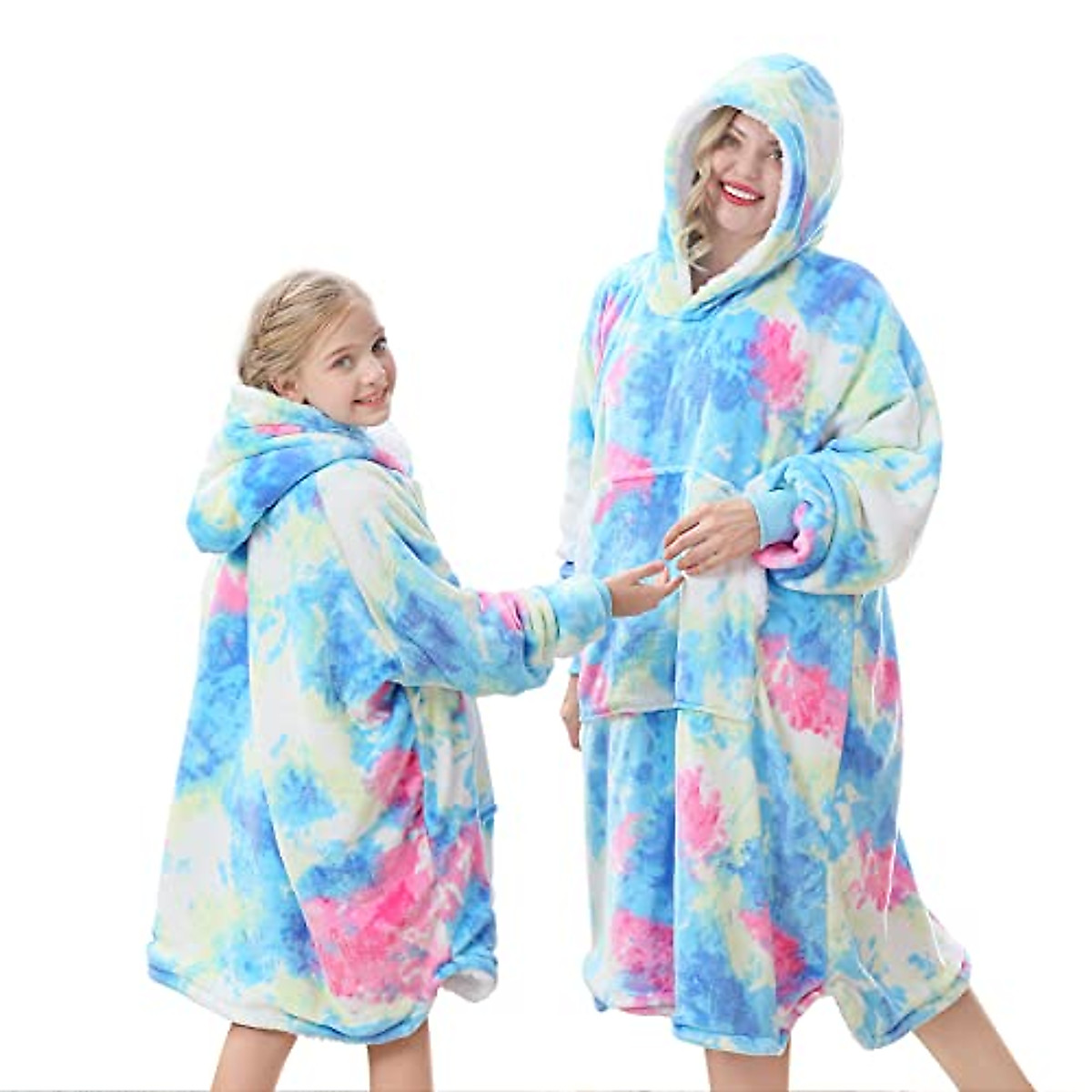 Uttermara Oversized Blanket Hoodie for Adult, Sherpa Fleece Wearable Blanket with Cozy Hood, Ultra Soft Warm Comfortable Sweatshirt with Large Pocket and Sleeve, One Size Fits All, Blue Purple Tie Dye
