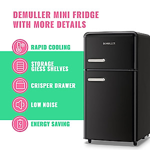 DEMULLER 3.5 Cu.ft Black Mini Fridge 2 Door Compact Refrigerator with Freezer, Small Refrigerator with 7 Adjustable Temperature Control, 2 Removable Glass Shelves and 1 Crisper Drawer