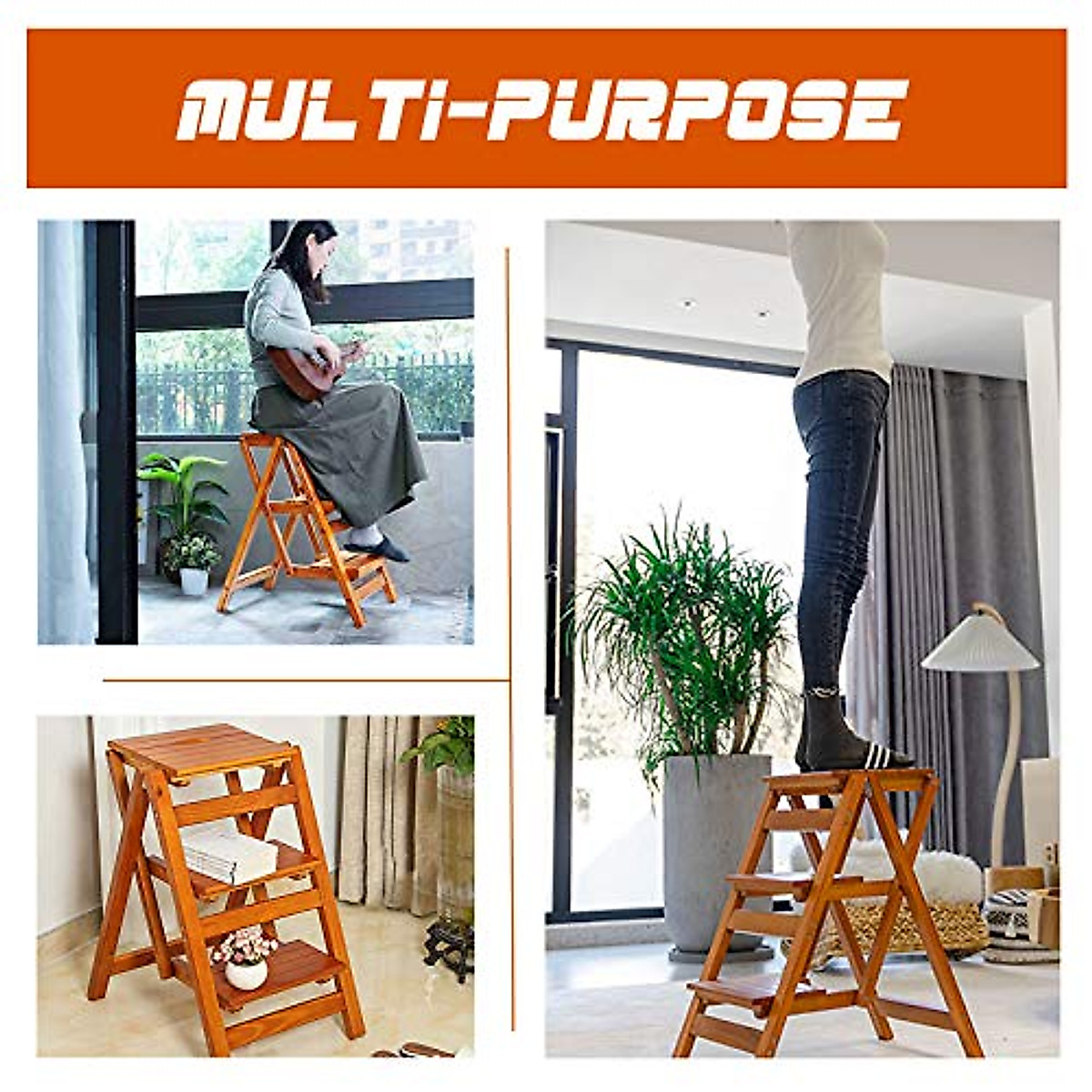 3 Step Stool Home Wooden Folding Ladder Chair Thickened Library Stair Chair Portable Light Garden Tool Ladder Maximum Load 150KG