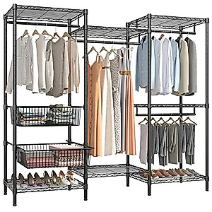 VIPEK V10S Wire Garment Rack Heavy Duty Clothes Rack Freestanding Closet Wardrobe Metal Clothing Rack with Sliding Baskets, 68.5" L x 17.6" W x 70.75" H, Max Load 800 LBS, Medium Size (Black)