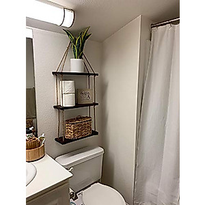 HXSWY Rustic Rope Hanging Shelves for Wall Wood Window Plant Shelf Indoor 3 Tier Dark Brown