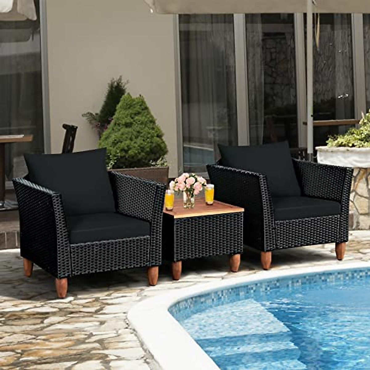 LIRUXUN 3PCS Outdoor Patio Rattan Furniture Set Wooden Table Top Cushioned Sofa Black Coffee Table (Color : D)