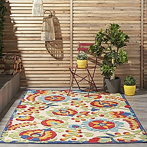 Nourison Aloha Indoor/Outdoor Multicolor 5'3" x 7'5" Area Rug, Tropical, Botanical, Easy -Cleaning, Non Shedding, Bed Room, Living Room, Dining Room, Deck, Backyard, Patio (5x7)