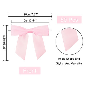 Anwyll Twist Tie Bows,Pink Satin Ribbon Bows,50Pcs Wedding Favor Ribbon Bows,3.5'' Pre-Tied Pink Gift Bows for Gift Wrapping Treat Bag Present Craft Birthday Party Bridal Shower Halloween Thanksgiving