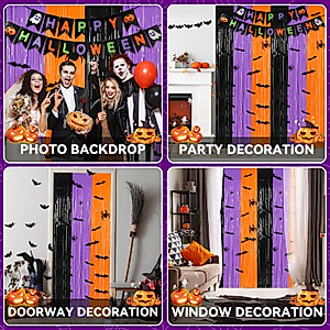 QOUBAI 3Pack Orange Purple Black Foil Fringe Curtains 3.3 X 6.6 ft Decals 1Pc Banner 40Pcs Bat Spider Stickers Halloween Backdrop Streamers for Halloween Photo Booth Prop Wall Party Decorations