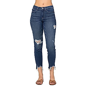 Judy Blue Women's Mid Rise Shark Bite Slim Fit Jeans (14 Plus, Dark Blue)