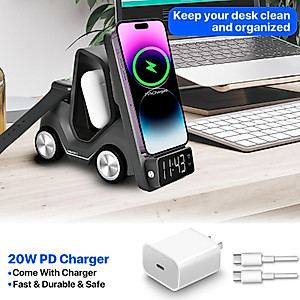 Diecallan 5 in 1 Wireless Charging Station 20W Adapter Fast Wireless Charging Apple Devices for iPhone 15/14/13/12 Series for AirPods Pro/3/2,for Apple Watch/iWatch Support Alarm Clock Light（Grey）