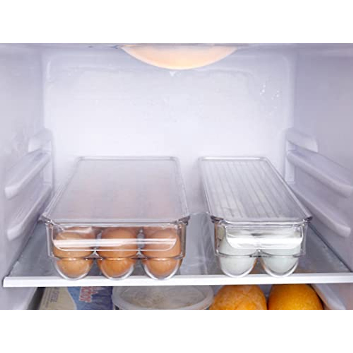 BELWAD 2 Pack Clear Food Grade PET Egg Holder with Lids & Handle,Large Capacity Stackable Fridge Egg Organizer Bin,Fits 14/21 Eggs,Transparent