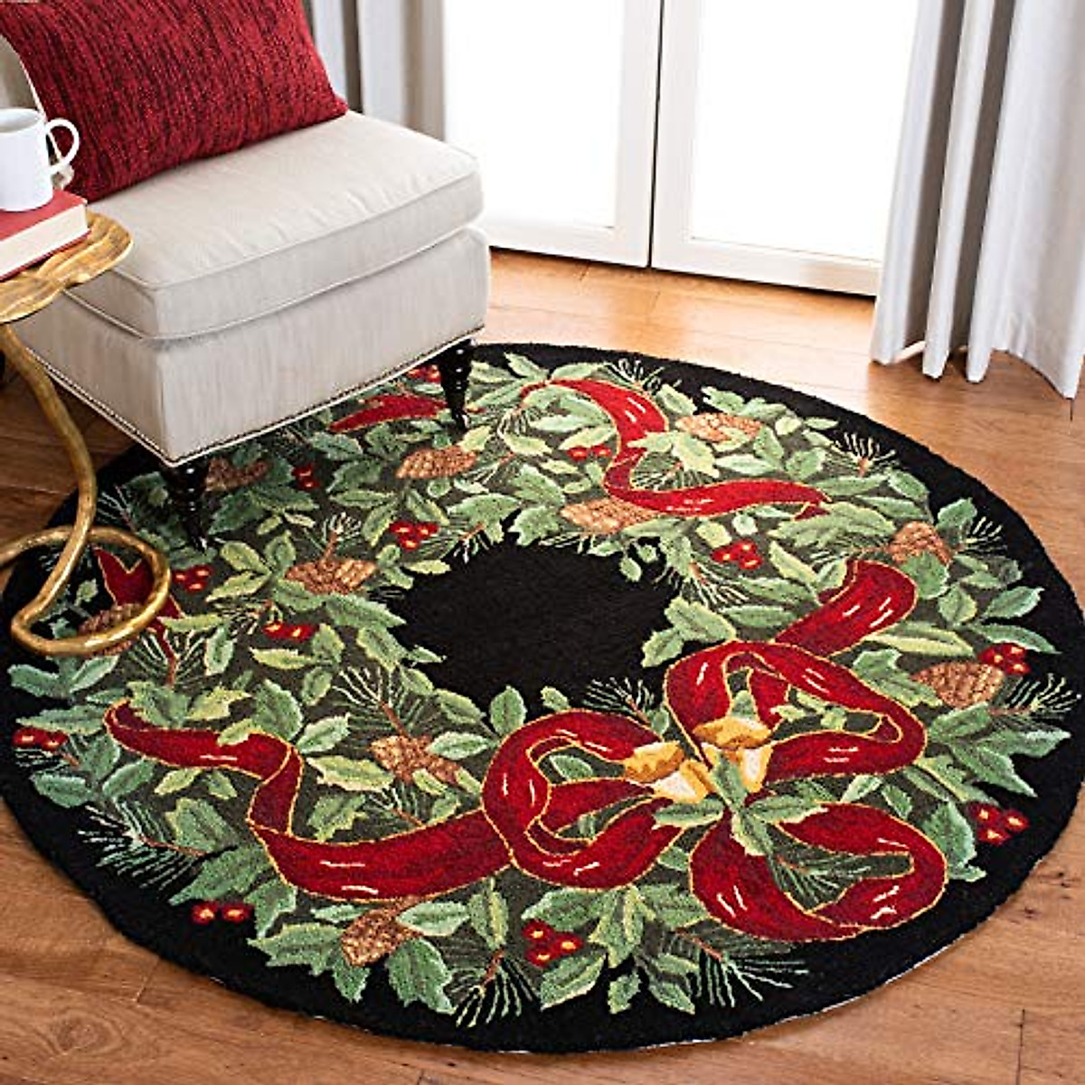 SAFAVIEH Vintage Poster Collection Area Rug - 6' Round, Black & Green, Handmade Christmas Wreath Novelty Wool, Ideal for High Traffic Areas in Living Room, Bedroom (VP323A)