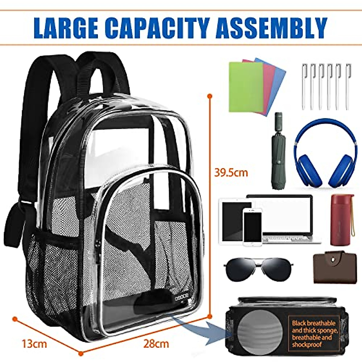 OSOCE Black Clear Backpack Heavy Duty,Clear Bag Stadium Approved,PVC Transparent Clear Book Bag with Adjustable Shoulder Straps and Front Accessory Pocket for Security Work Concert Festival Travel