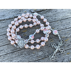 Nazareth Store Flowers Beads Rosary Necklace Crystallized Glass Pearl Beaded Rosary Miraculous Medal and Crucifix (Pink)