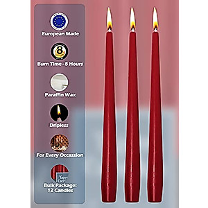 Hyoola Tall Taper Candles - 10 Inch Cherry Red Unscented Dripless Taper Candles - 8 Hour Burn Time - 12 Pack