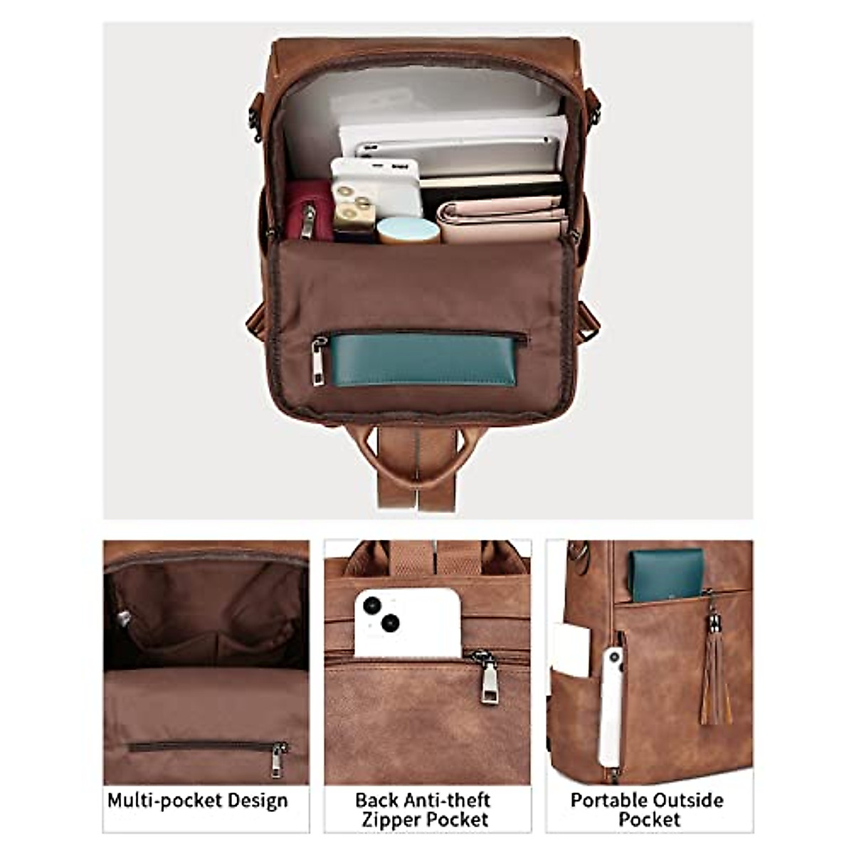 FADEON Leather Backpack Purse for Women Designer Ladies Shoulder Book Bag Fashion PU Convertible Travel Backpack Purses