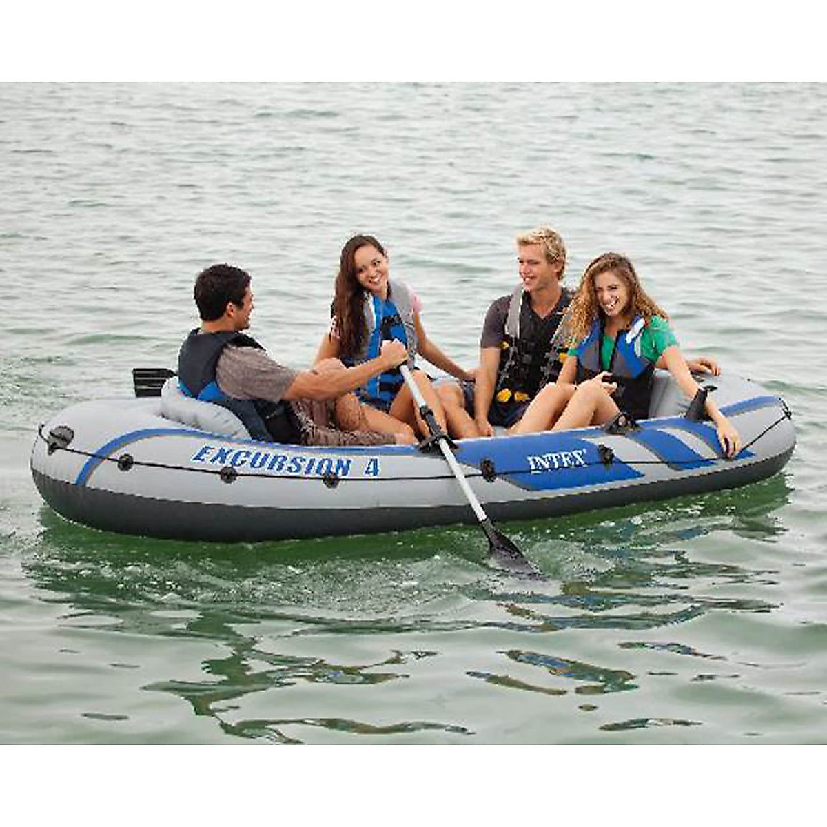 Intex Excursion 4 Inflatable 4 Person Fishing Boat Raft Set with Motor Mount Kit for Rivers and Lakes (Motor Not Included)