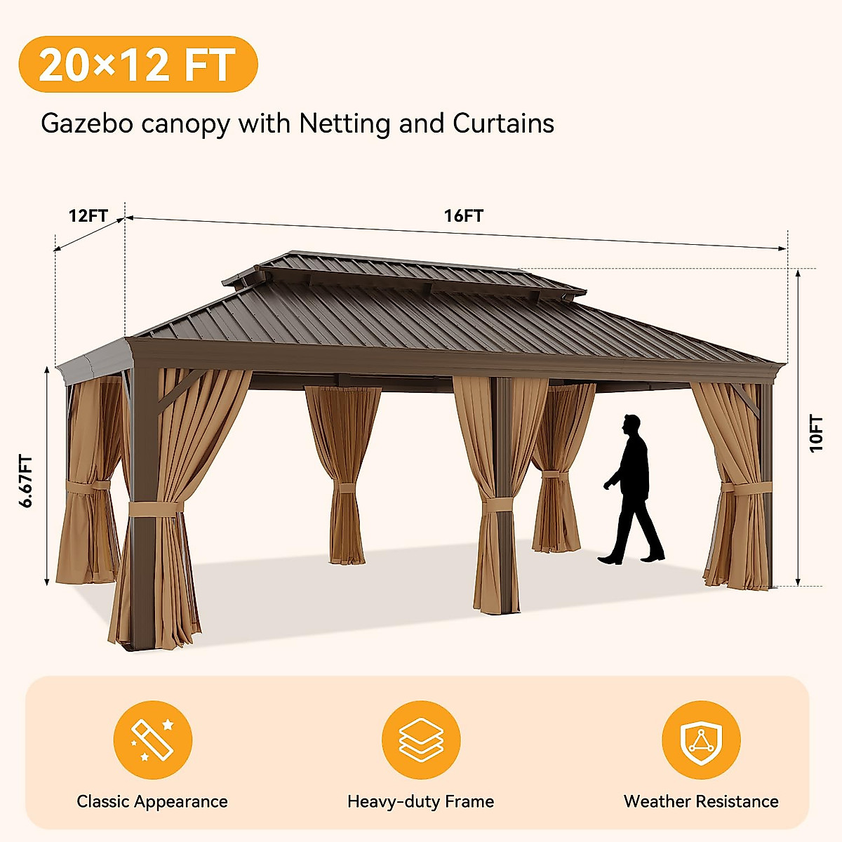 Jolydale Hardtop Gazebo,12x20 Gazebo with Brown Mosquite Netting, Double Metal Roof for Lawn and Garden