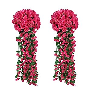 AUKUZI Artificial Hanging Flowers for Outdoor, 2 Pack Violet Ivy Fake Hanging Plant & Flowers for Home Wedding Garden Yard Hanging Baskets Wisteria Garland Orchid Bunch Decoration(Rose Red)