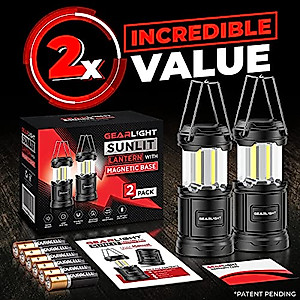 GearLight Camping Lantern - 2 Portable, LED Battery Powered Lamp Lights, Magnetic Base and Foldable Hook for Emergency Use or Camp Sites. Gift for him, for Kids Stocking Stuffer. Christmas Gift.﻿