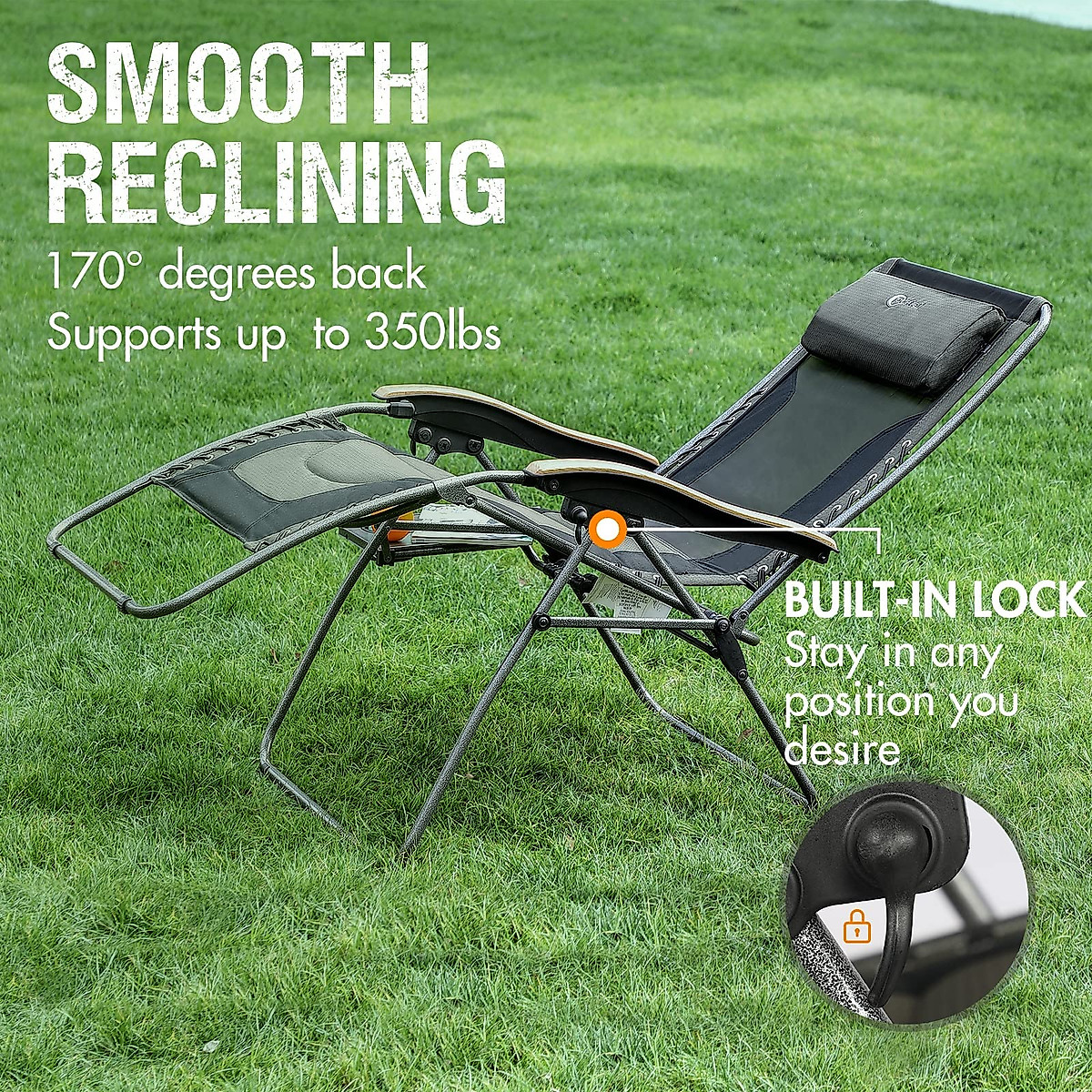 PORTAL Oversized Mesh Back Zero Gravity Reclining Patio Chairs, XL Padded Seat Folding Patio Lounge Chair with Adjustable Pillows and Cup Holder for Poolside Backyard/Lawn, Support 350lbs