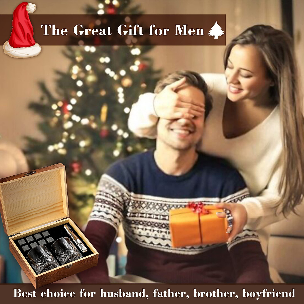 Whiskey Set Gifts for Men,Whiskey Stones & Whiskey Glasses Set of 2, Whisky Rocks Anniversary Best Groomsmen Dad Birthday Valentines Day Gifts Ideas for Him Mens Male Friends Wedding Husband Brother