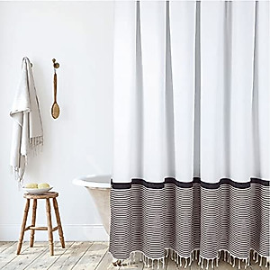 HALL & PERRY Modern Farmhouse Tassel Shower Curtain 100% Cotton Striped Fabric Shower Curtain with Tassels for Bathroom Decor - Tan, 72"x72"
