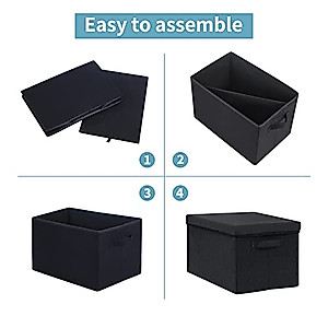 Consmos Large Foldable Fabric Storage Bin with Lids& Dual Handles, Sturdy Cubby Storage Basket for Clothes& Toys, Cube Storage Organizer Bins for Shelves, Closet, Bedroom, Home& Office, Black 3-Pack