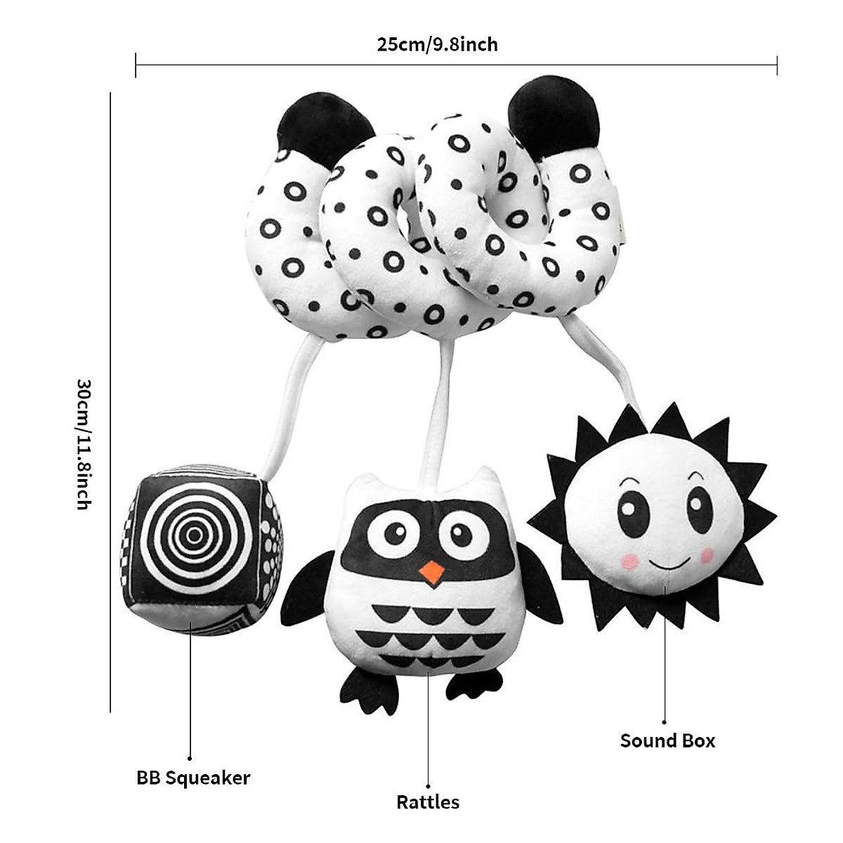 Hanging Toys for Car Seat Crib Mobile, Infant Baby Spiral Plush Toys for Crib Bed Stroller Car Seat Bar - Black and White Color Toy with Rattles Owl BB Squeaker Sun