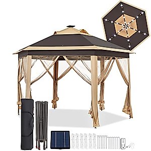 Yaheetech 13′ × 13′ Pop-Up Patio Gazebo Tent W/Mesh Netting Sides & 25 Solar LED Lights, Hexagonal Double Vented 3 Height Adjustable Gazebo with Storage Bag for Backyard, Garden, Lawn, Khaki & Brown
